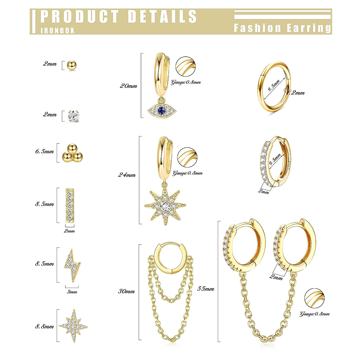 IRONBOX Earrings Set with 14K Gold Plated Huggie Hoop Studs (12Pairs) for Women Small Dainty Minimalist Chain Earrings Cartilage CZ Ball for Multiple Piercing