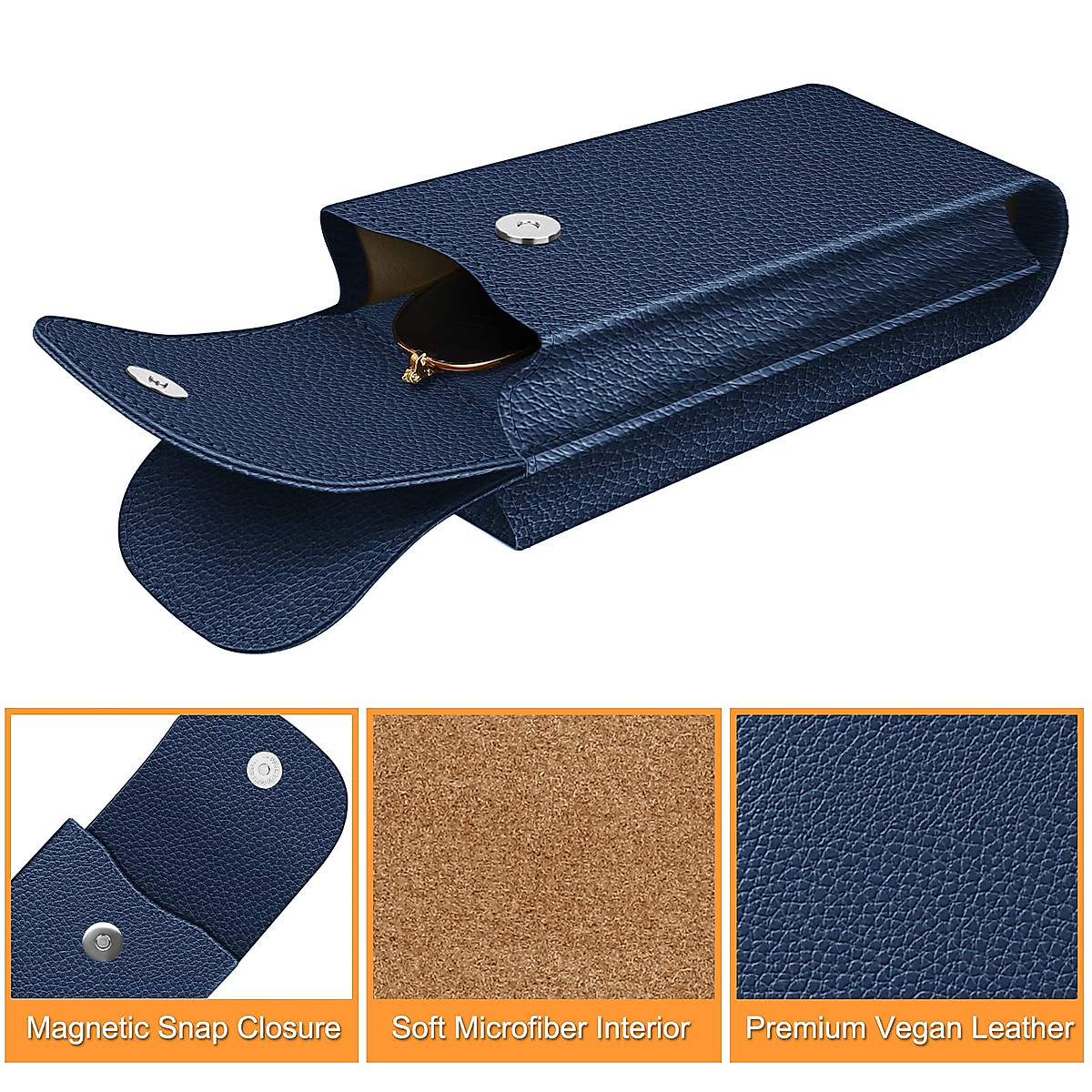 Fintie Double Glasses Case with Carabiner Hook, Portable Vegan Leather Eyeglass Case Anti-scratch Sunglasses Pouch, Navy