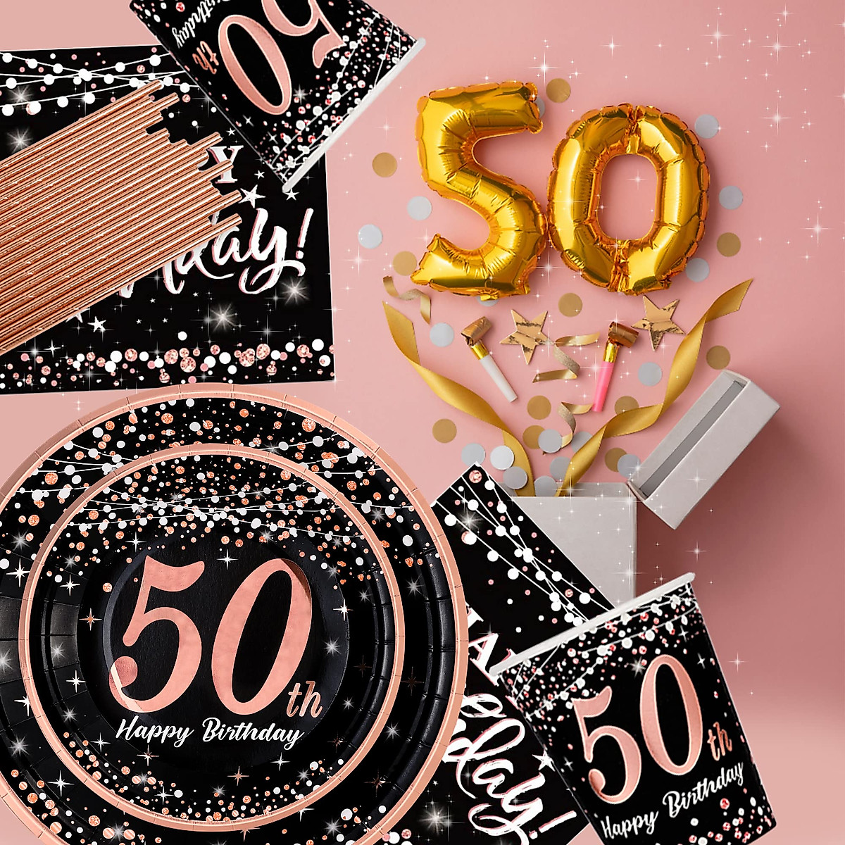 50th birthday decorations for women - (Total 121pcs) rose gold Birthday supplies Plates and Napkins, Cups, Straws, tablecloth, Disposable Tableware for 24 Guests