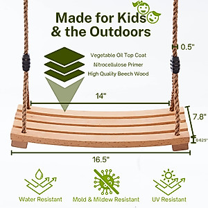 Wooden Tree Swing for Kids - ASTM F1148-21 Certified - Double Coated 16.5”x7.8” Wood Swing Seat for Outside - Weatherproof Adjustable Polyester Ropes - Outdoor or Indoor Kids Tree Swing Set - Backyard