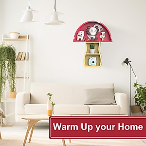 Ybenlld Floating Wooden Mushroom Shelf, Bathroom Shelves,Mushroom Decor,Wall Shelves for Nursery Living Room,Bedroom,Bathroom(Red+Wood)