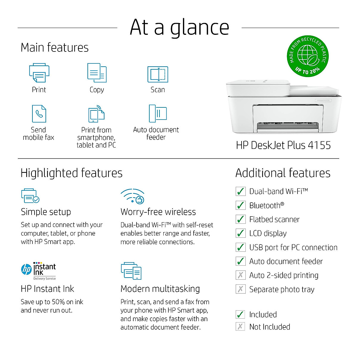 HP DeskJet Plus 4155 Wireless All-in-One Printer | Mobile Print, Scan & Copy | HP Instant Ink Ready | Auto Document Feeder (3XV13A) (Renewed)