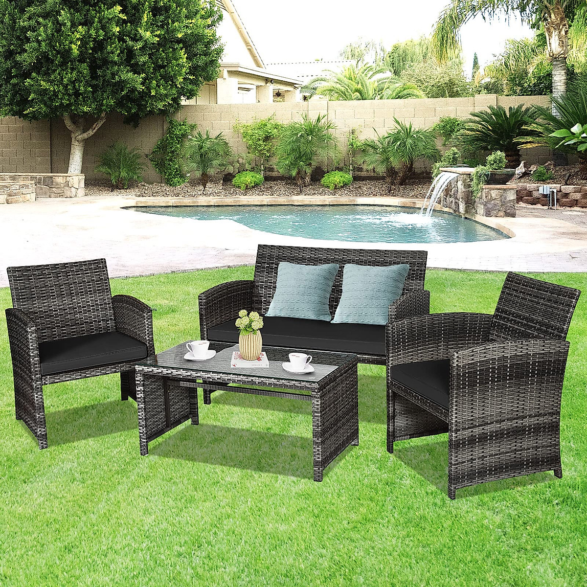 Goplus 4-Piece Rattan Patio Furniture Set, Outdoor Wicker Conversation Sofa with Weather Resistant Cushions and Tempered Glass Tabletop for Lawn Backyard Pool Garden (Black)