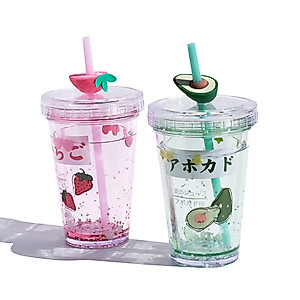 Meideli 15oz Kawaii Water Bottle With Straw Glitter Double Wall Water Bottle With Straw Kawaii Cup Strawberry Water Bottle Kawaii Cups Kawaii Stuff Avocado Gifts Pink