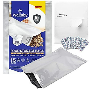 15x Silver 5 Gallon Wallaby Mylar Bag - (5 Mil) + 60 Mylar Bag Bundle - 1 Gallon Stand-Up Zipper Pouches - (7.5 Mil-10’’x14’’), Oxygen Absorbers, Labels - Resealable Zipper, Heat Seal, FDA Grade