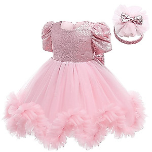 LZH Baby Girl Dress Sequined Bowknot Baptism Dresses for Baby Girls with Headwear Pageant Wedding Bridesmaid Party Pure White
