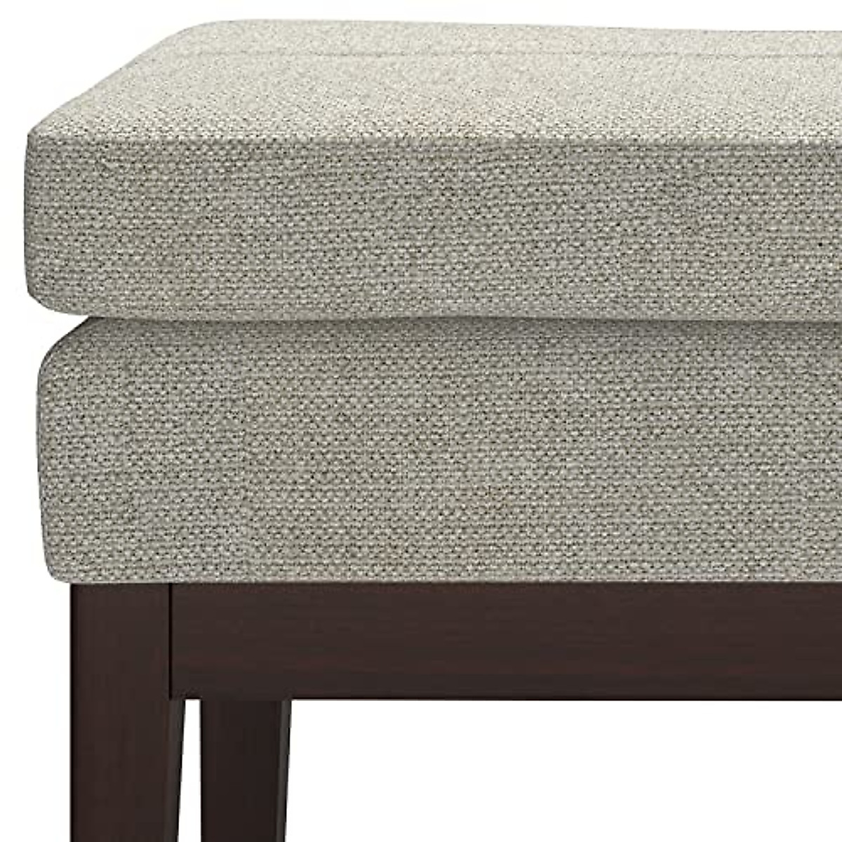 SIMPLIHOME Carlson Ottoman Bench in Greige, 15"H x 26.4"W x 17.5"D, Solid Pine Wood Frame with Dark Walnut Legs, Compact Seating for Living Room