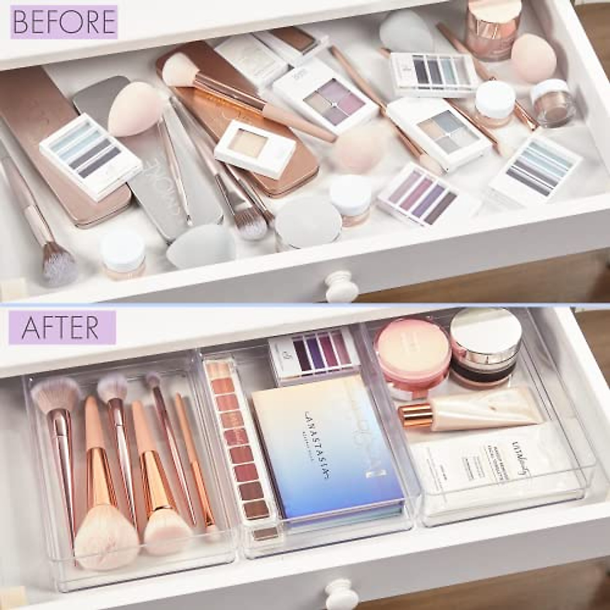 STORi SimpleSort 3-Piece Stackable Clear Drawer Organizer Set | 9" x 6" x 2" Rectangle Trays | Wide Makeup Vanity Storage Bins and Office Desk Drawer Dividers | Made in USA