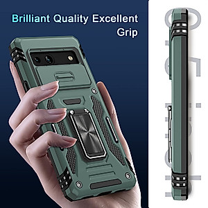 DEERLAMN for Pixel 7a Case,Google Pixel 7a Case with Slide Camera Cover+Screen Protector(2 Packs),Rotated Ring Kickstand Military Grade Shockproof Protective Cover-Green