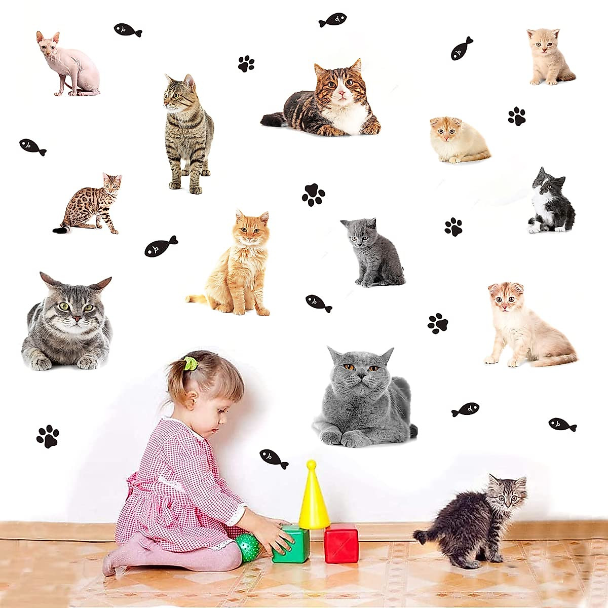 WOYINIS 3D Lovely Kitty Wall Decals Kitten Stickers DIY Removable Fish Cat Paws Wall Stickers Peel and Stick Kitten Wall Decals for Girls Bedroom Playroom Nursery Wall Decor