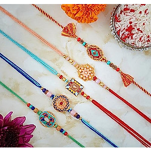 Eximious India Set of 5 Rakhi For Brother With Card Metal Pendant For Raksha Bandhan Designer Rakhi Thread for Bhaiya (Set of 5-2)