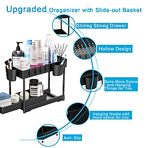 2 Pack Under Sink Organizers and Storage with Sliding Drawer, Multi-Purpose 2 Tier Under Sink Storage Rack Basket for Bathroom Kitchen Cabinet Counter with 4 Hanging Cups and 8 Hooks (Pull Out, Black)