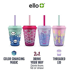 Ello Kids Plastic Reusable Color Changing Cups with Twist on Splash-Proof Lids and Straw, BPA Free, Dishwasher Safe, 12oz, Fruit Pop, 10 Pack