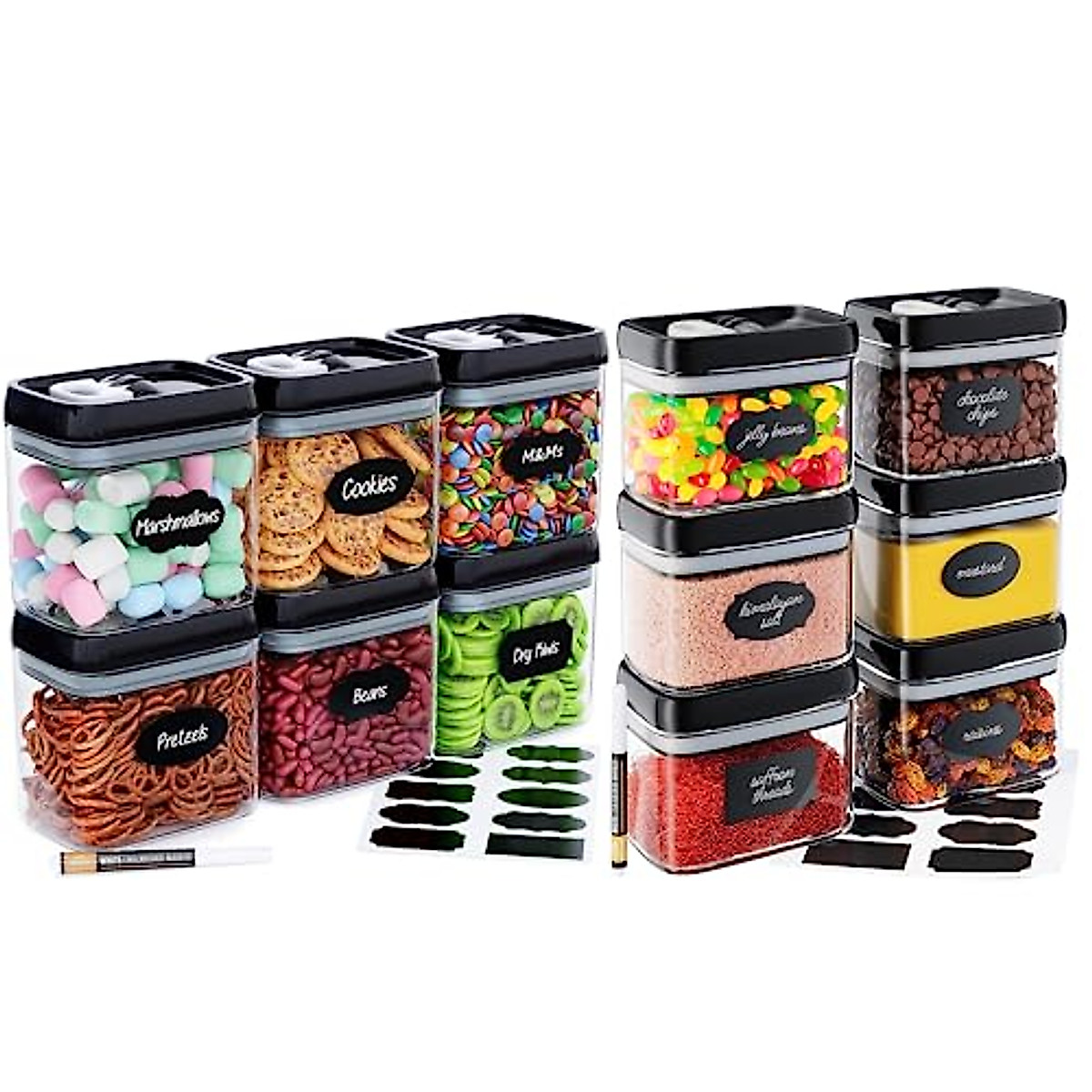 Chef's Path Airtight Food Storage Containers (12 Pack) for Kitchen & Pantry Organization - BPA Free Clear Plastic Containers with Lock Lids for Dry Snacks - Snack Containers with Labels & Marker