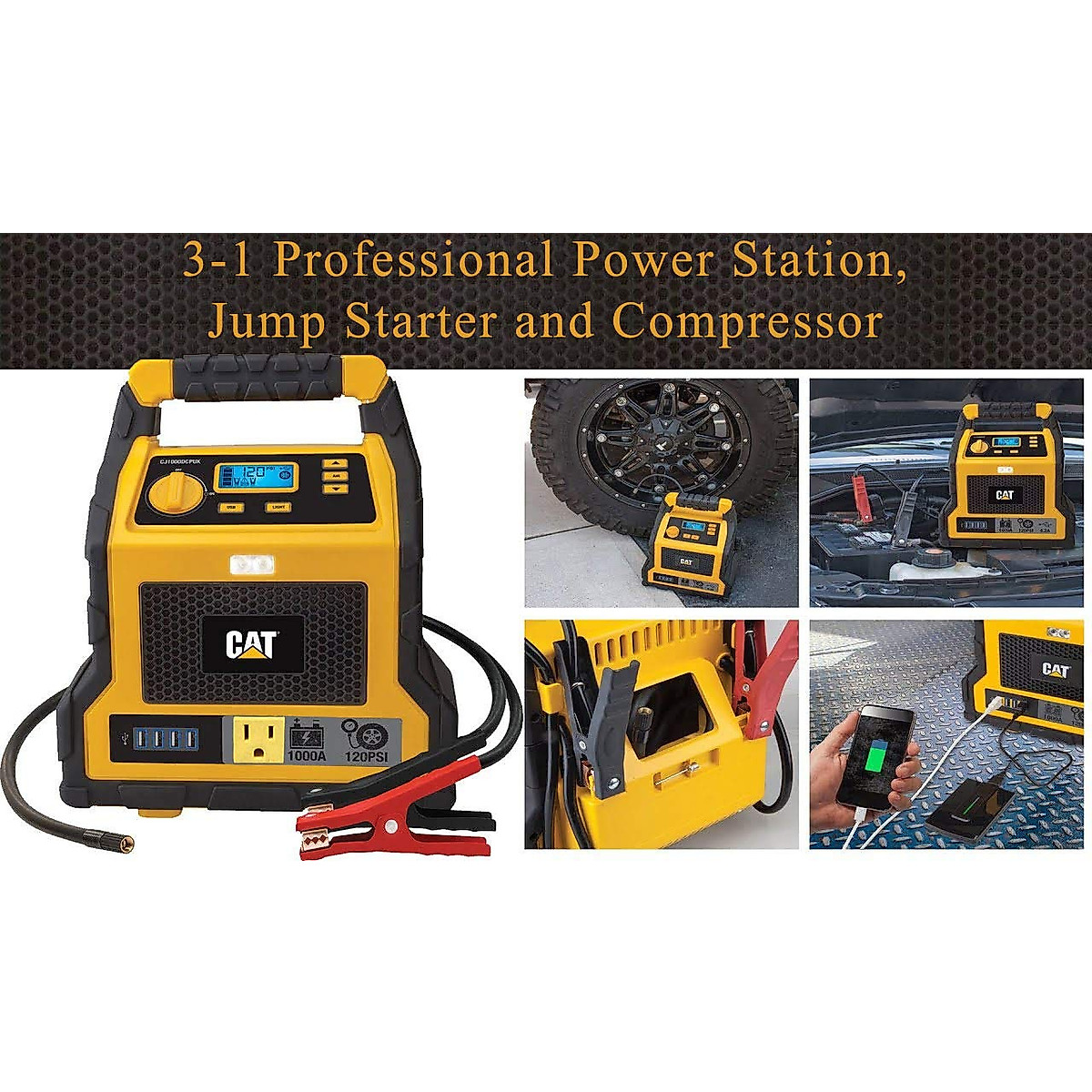 CAT - 3 in 1 Professional Power Station with Jump Starter and Compressor - 4 USB Ports and Outlet