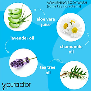 PURA D'OR Awakening Body Wash (16oz) with Aloe Vera, Chamomile, Lavender, Tea Tree and Natural Nutrients - pH Balanced for Moisturized Soft, Fresh-Feeling Skin, All Skin Types, Men & Women