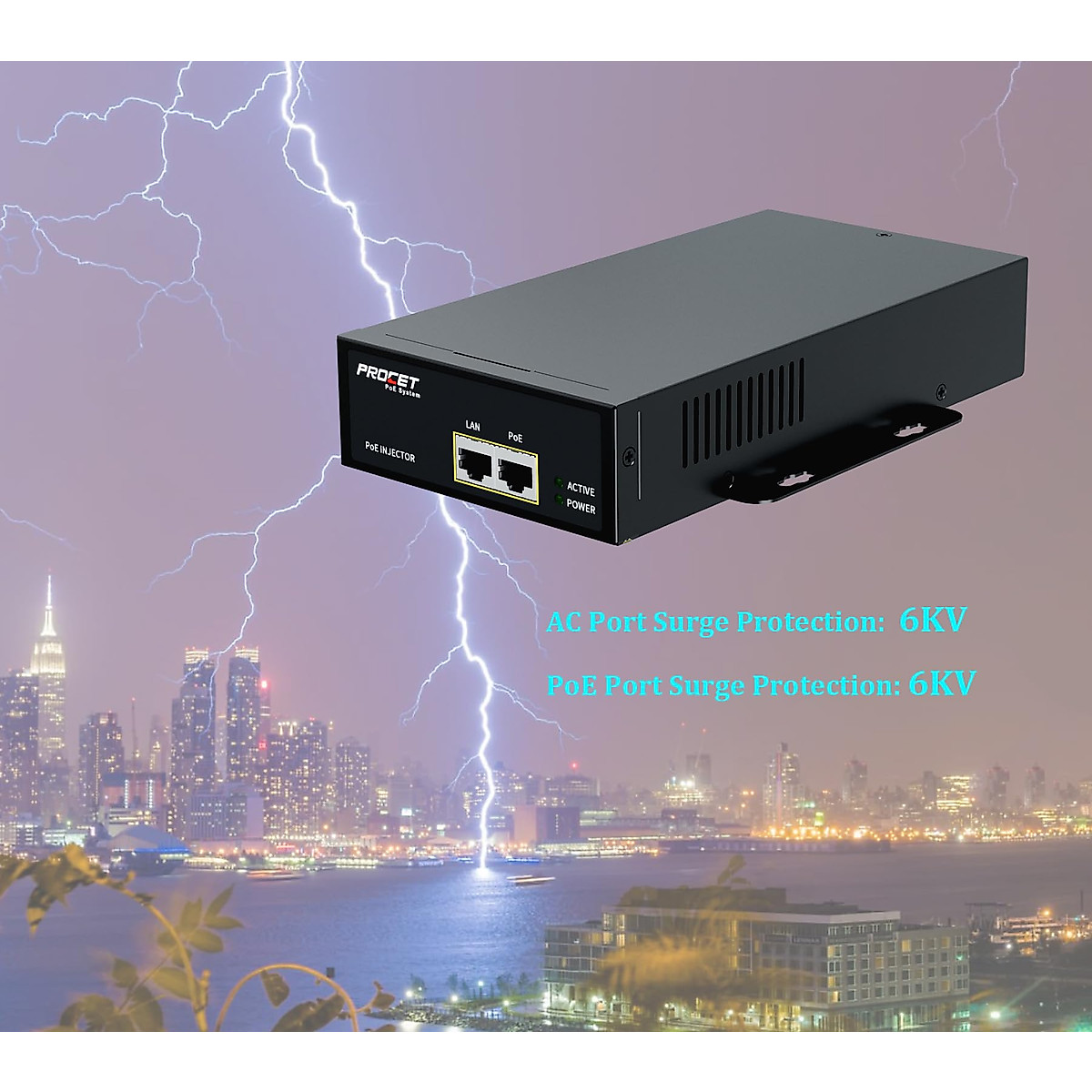 PROCET PoE Iniector 75W Active PoE++ Industrial Grade Gigabit PoE Power Injector, 6KV Surge Protection, -40°F to 149°F for PTZ Camera, Wireless AP, PoS System, Kiosks, PT-PSE107GHRO-A