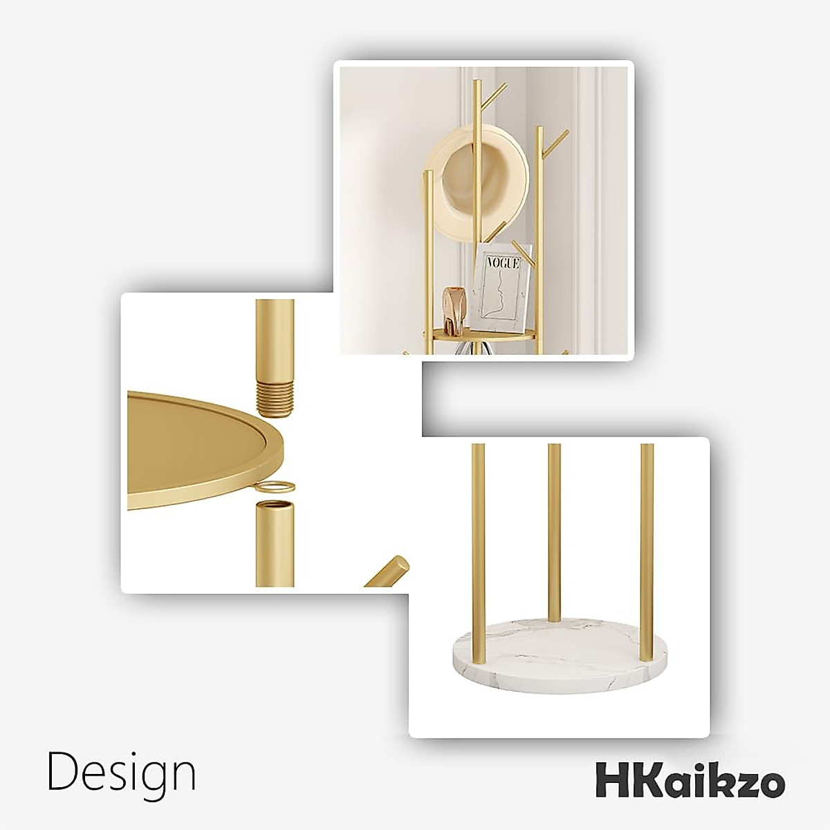 HKaikzo Gold Coat Rack Stand, Metal Coat Racks Tree Hanger Freestanding with 3 Storage Shelves and 9 High-grade Hooks and Stable Marble Base, for Jackets、Hat、Umbrella