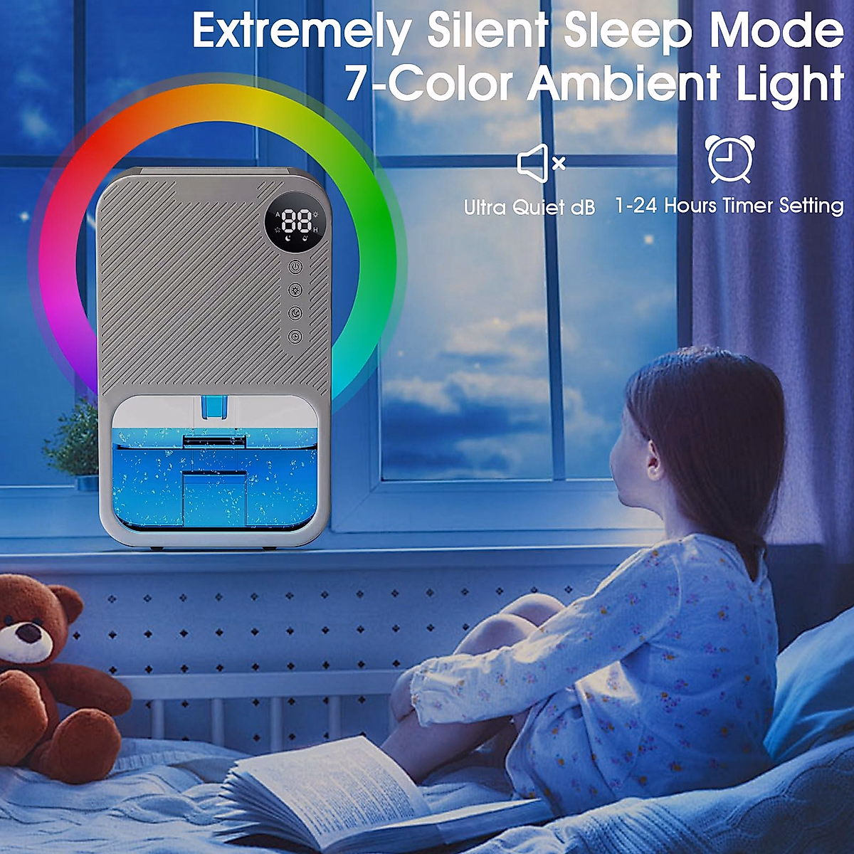 Dehumidifiers for bedroom 40 OZ Water Tank with Digital display Auto-Off, Portable Small Dehumidifier for Room,Bathroom,RV,Basement, Closet 500 sq.ft,7 Colors LED Light (White)