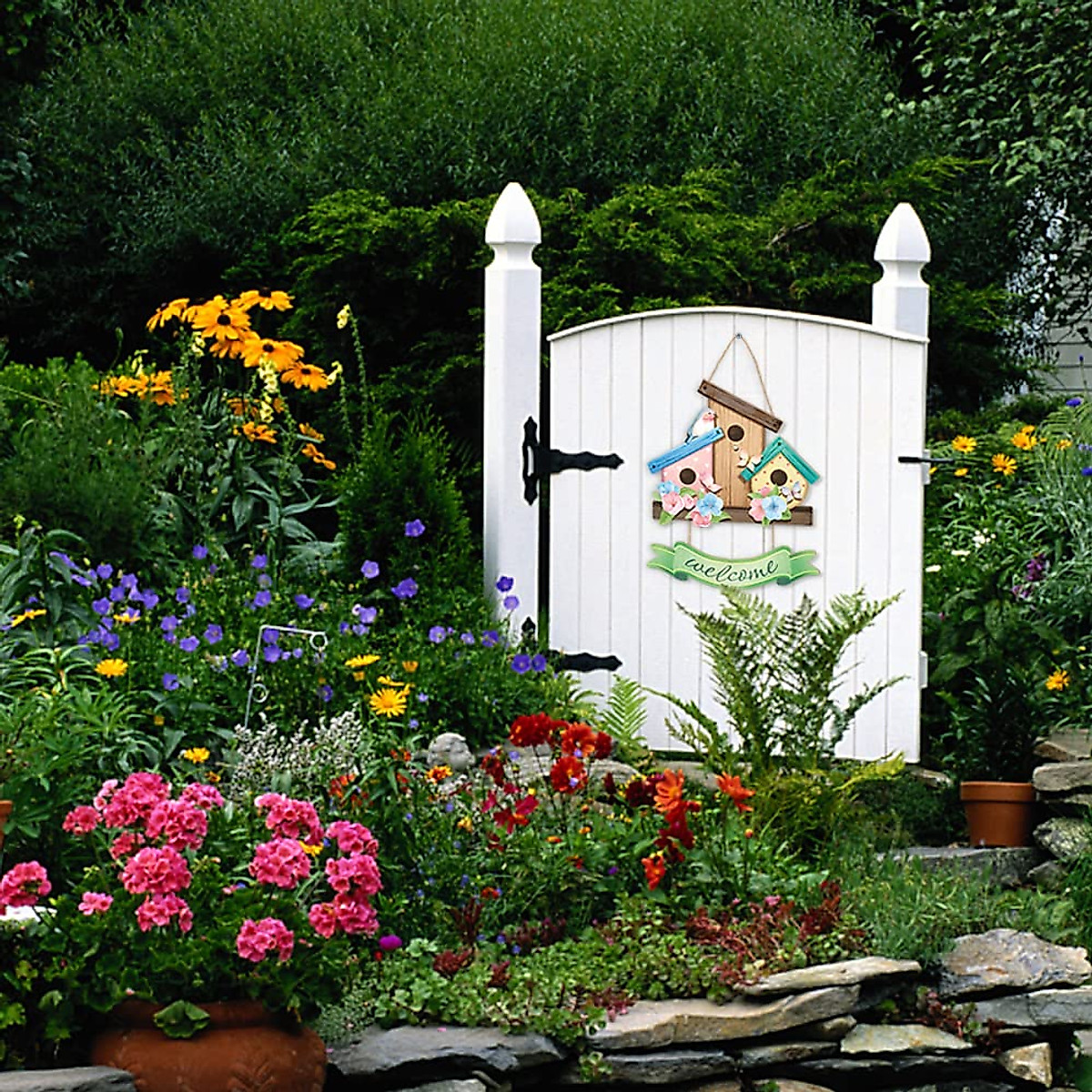 TOARTi Colorful Welcome Spring Front Door Sign Hanging(13.6"x11.8"), Blooming Flowers Butterfly Birdhouse Wall Sign Plaque, Wooden Garden Fence Hanger for Home Porch Farmhouse Cafe