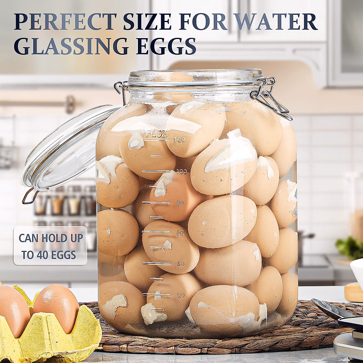 Folinstall 1 Gallon Square Super Wide-Mouth Glass Jars with Airtight Lids, Glass Storage Jars with 2 Measurement Mark, Sturdy Canning Jars with Large Capacity 4100 ML For Overnight Oats