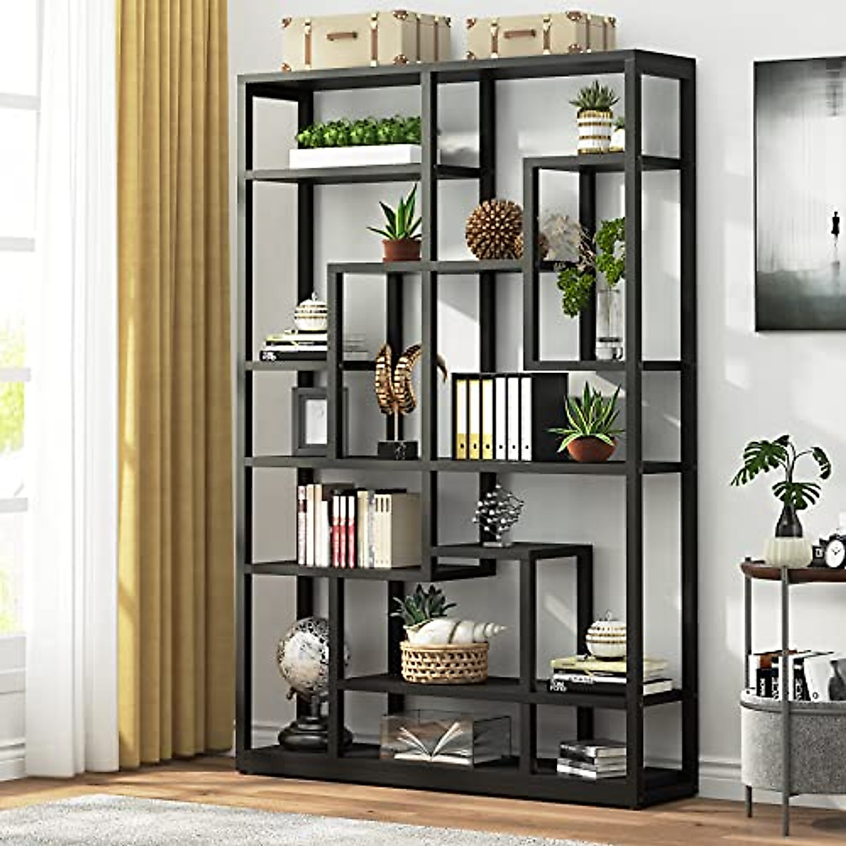 Tribesigns Black Bookshelf 47” Bookcase 9 Tier Tall Book Shelf Rustic Geometric Bookcase Display Shelf Organizer with Open Storage Shelf for Living Room, Industrial Wood Metal Bookshelf for Office