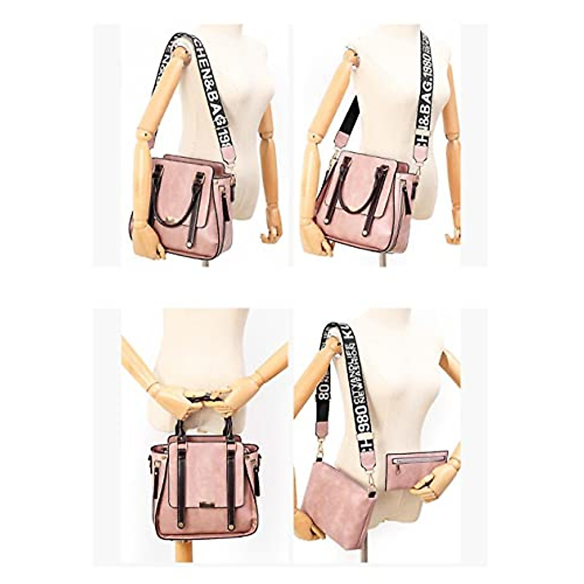 YAQUNICER Women Soft Synthetic PU Leather 4pcs Satchel Crossbody Large Capacity Top-Handle Handbags Shoulder Clutches Purse-Black