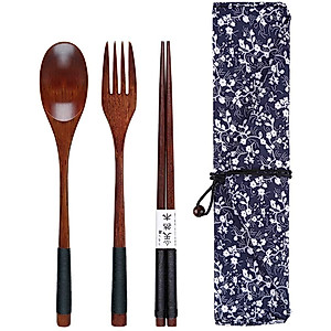 Wooden Chopsticks Spoon Fork Set Japanese Style Tableware Travel Utensils with Pouch for Camping,Picnic,Office or Home (Style A)