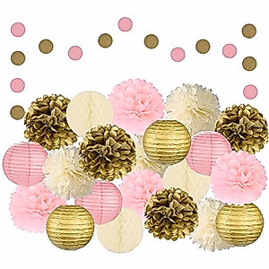 EpiqueOne 22-Piece Tissue Paper Pom Poms and Paper Lantern Party Kit - Add a Splash of Pink, Gold, & Ivory to Your Celebrations! Perfect for Birthdays, Bridal Showers, Baby Showers, Weddings & More