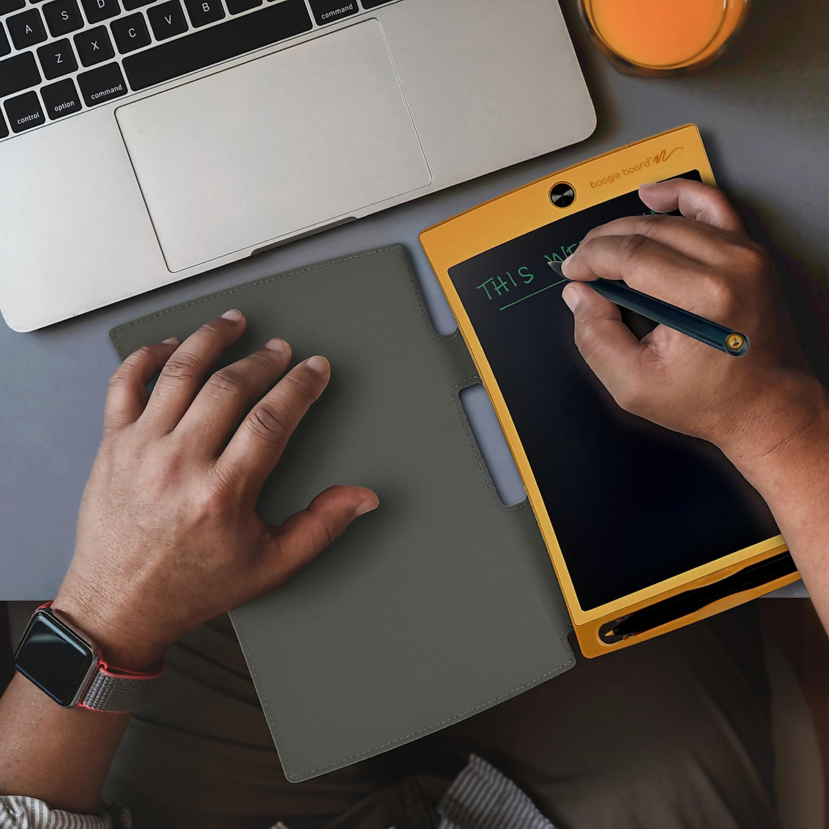 Boogie Board Jot Reusable Writing Tablet for Adults, 8.5 Digital Notebook with Instant Erase, Digital Notepad with Magnets, Note Taking Tablet for Work or School, Gold with Protective Folio