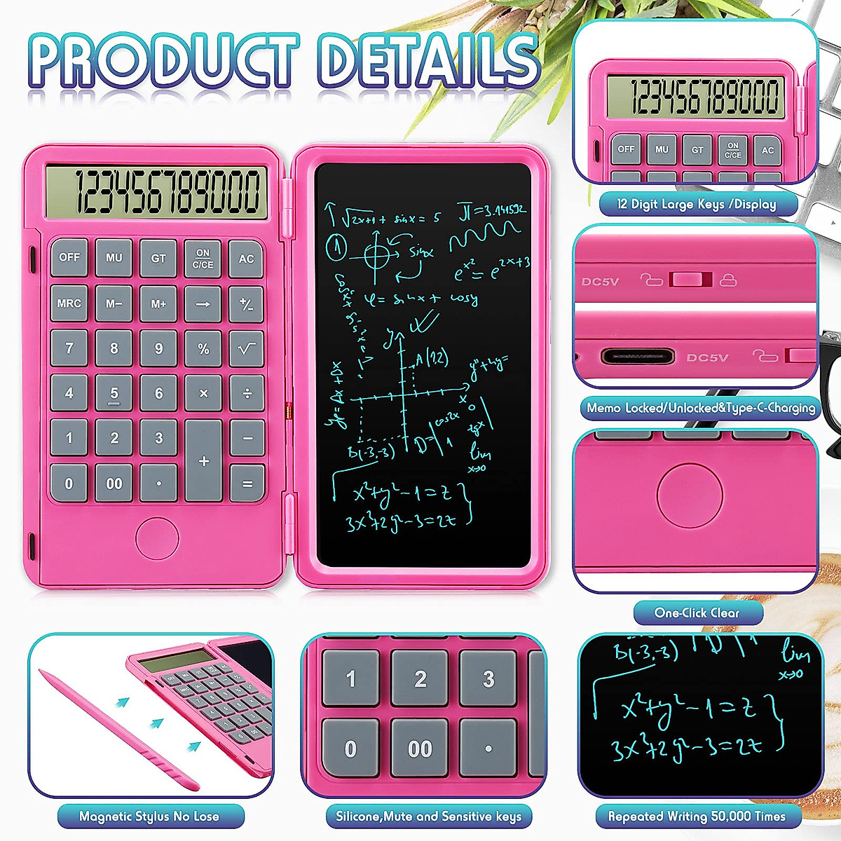 Hion Calculator,12-Digit Large Display Office Desk Calcultors with Erasable Writing Table,Rechargeable Hand held Multi-Function Mute Pocket Desktop Calculator for Basic Financial Home School (Pink)