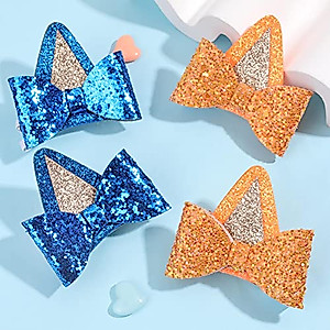 2 Pairs Blue Dog Ears and Orange Dog Ear Hair Bow Clips for Toddler Kids Adult Glitter Bows Halloween Costume Animal Cosplay Hair Accessories Birthday Party Supplies (Blue+Orange)