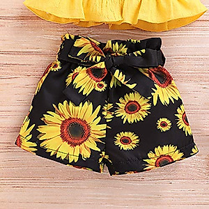 Kucnuzki Toddler Baby Girl Clothes Summer Outfits Ruffle Sleeveless Linen Shirt Kid Short Set for Girl (18-24 Months, Yellow+Black)