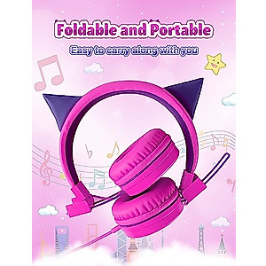 SIMJAR Cat Ear Kids Headphones with Microphone for School, Volume Limiter 85/94dB, Wired Girls Headphones with Foldable Design for Online Learning/Travel/Tablet/iPad (Purple)