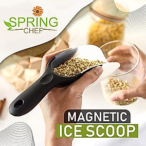 Spring Chef Magnetic Ice Scoop, Contoured Translucent Flexi-Plastic with Soft Grip Handle for Ice, Flour, Rice, Popcorn, Pet Food, Black