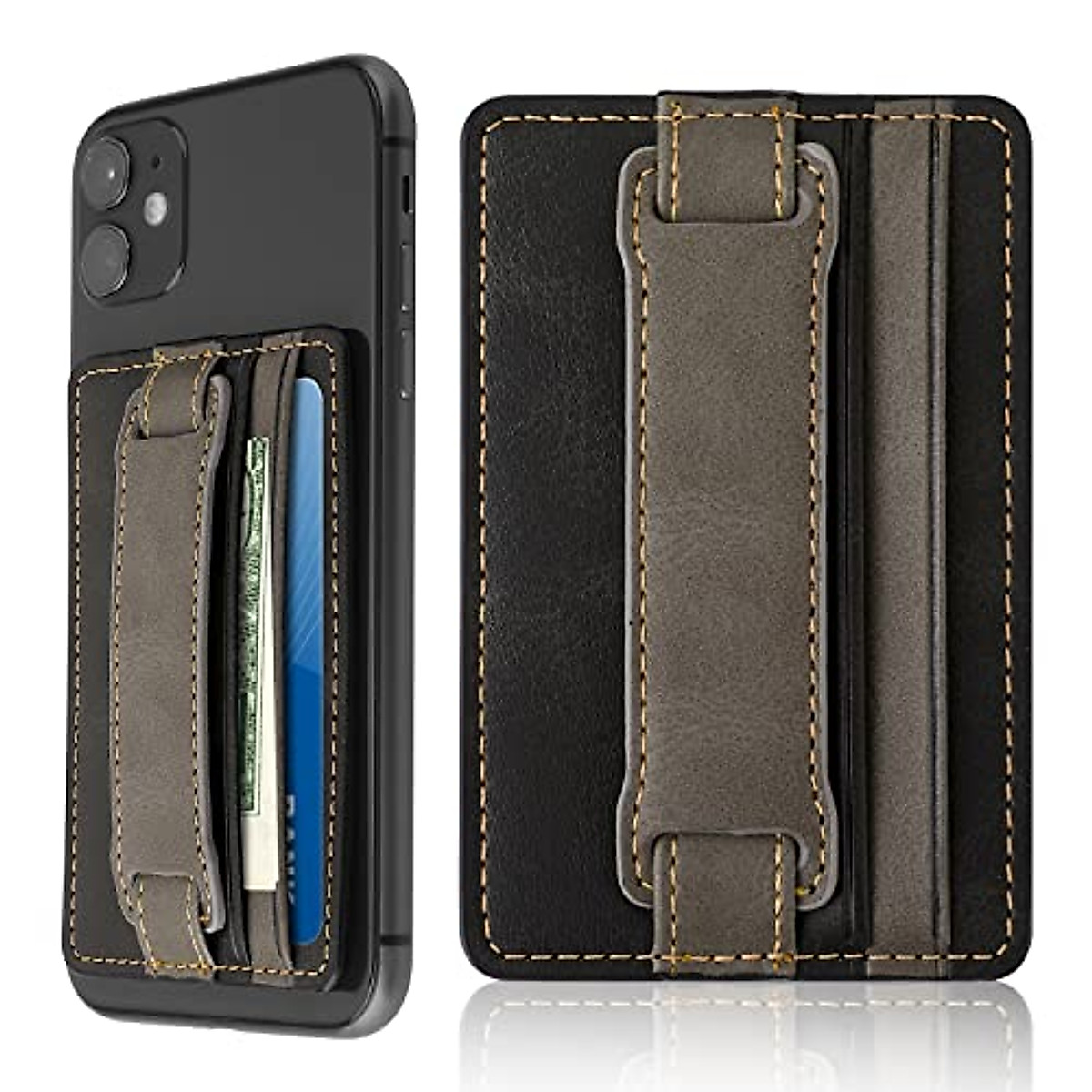 Cobee Cell Phone Card Holder Pouch Self-Adhesive Phone Kickstand with Elastic Band Stick on Wallet Card Holder for Back of Phone Case Leather ID Card Holder Sleeve Pouch Credit Card Grip Holder(Black)