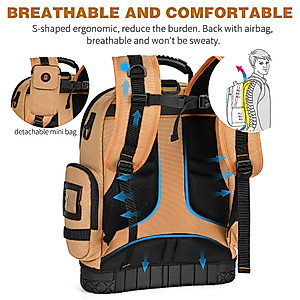 Tool Bag Backpack, 75 Pockets & Loops Canvas Heavy Duty Tools Organizer Bags/HVAC Tool Carrier for Electrician/Construction Work with Molded Base and Combination Lock - Brown