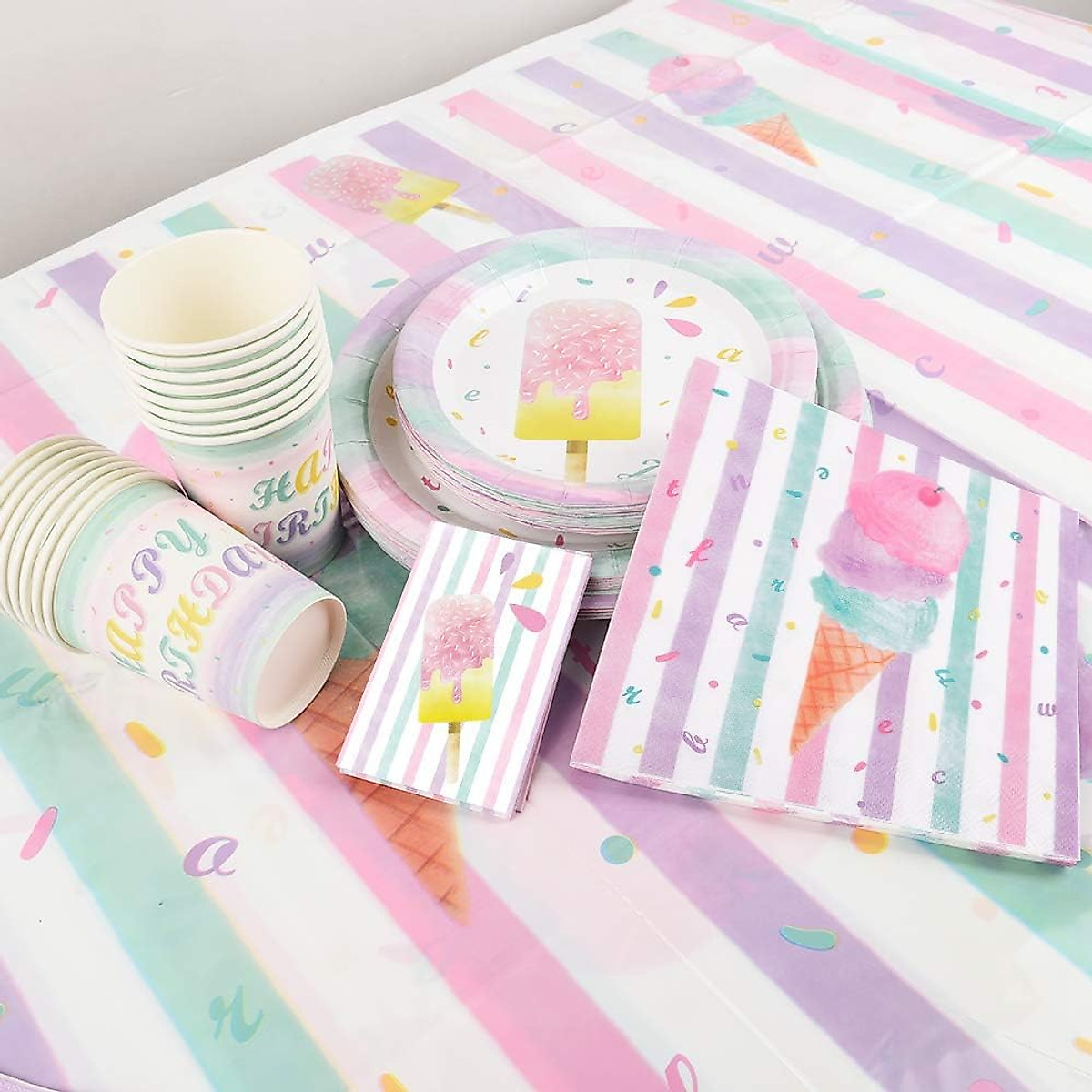 Ice Cream Party Supplies Set - Ice Cream Popsicle Party Tableware for Girls Kids Birthday Baby Shower Disposable Tablecloth Plates Paper Cups Napkins Cutlery Bag Utensils Serves 16 Guests 130PCS