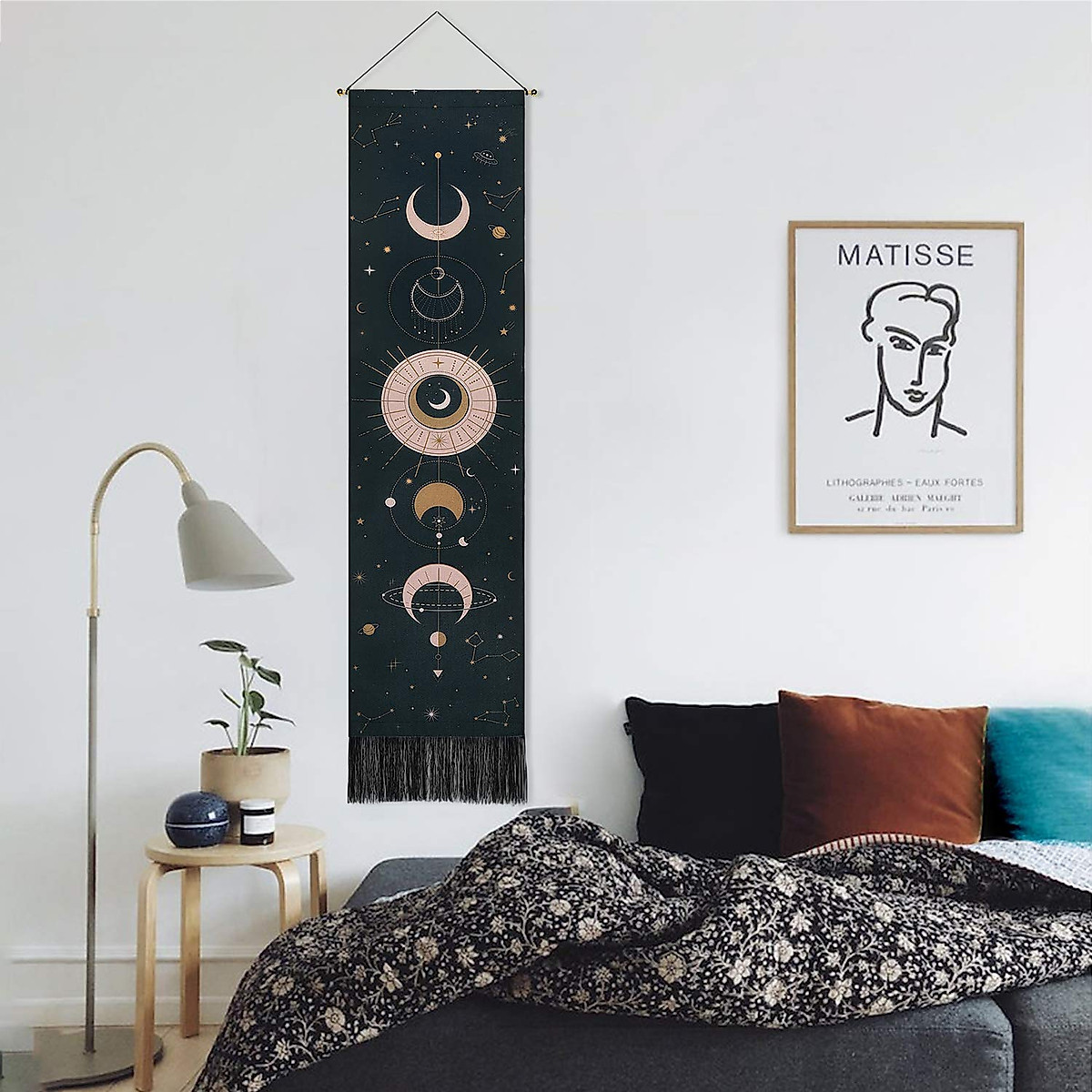 Lyacmy Moon Phase Tapestry Moon Tapestry Wall Hanging Art Bohemian Tapestries Black Tapestry for Room (Black, 12.8 x 51.2 inches)