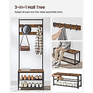 VASAGLE Hall Tree with Bench and Shoe Storage, Entryway Bench with Coat Rack Stand and Shoe Rack, 9 Removable Hooks, Top Bar, Fabric Shelves, Industrial, Rustic Brown and Black UHSR411B01
