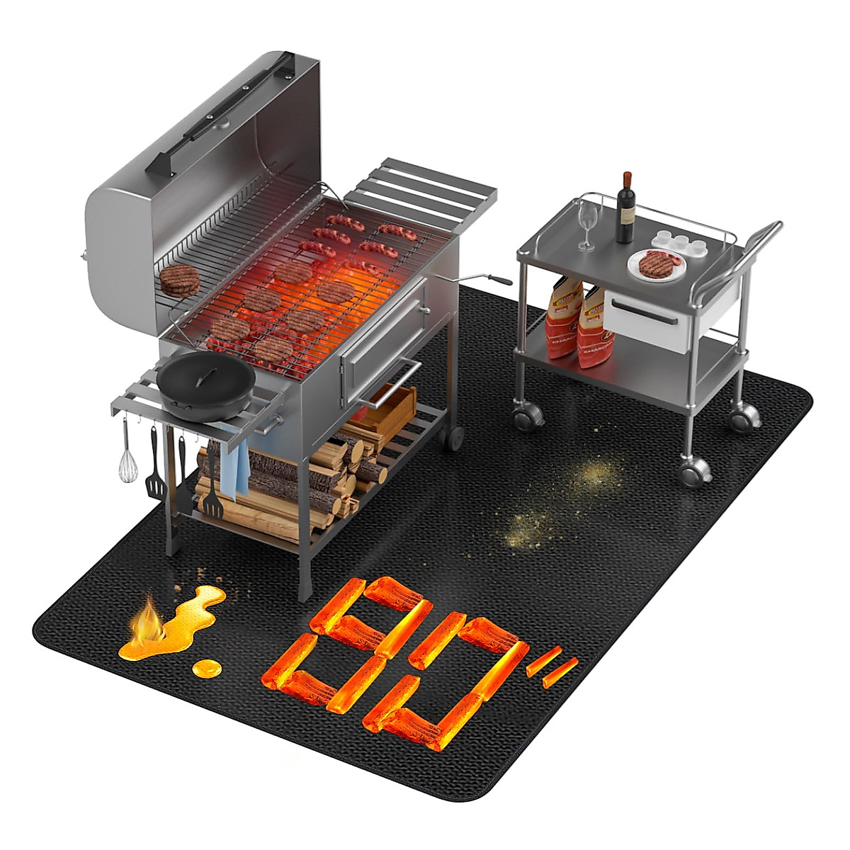 Extra Large 80x48 inch Grill Mat for Outdoor Under BBQ, Griddle, Charcoal, Flat Top, Smoker, Stove, Wood Deck & Patio Protective Mat, Indoor Fireplace Mats, Front Back Sides Fireproof Waterproof Pad