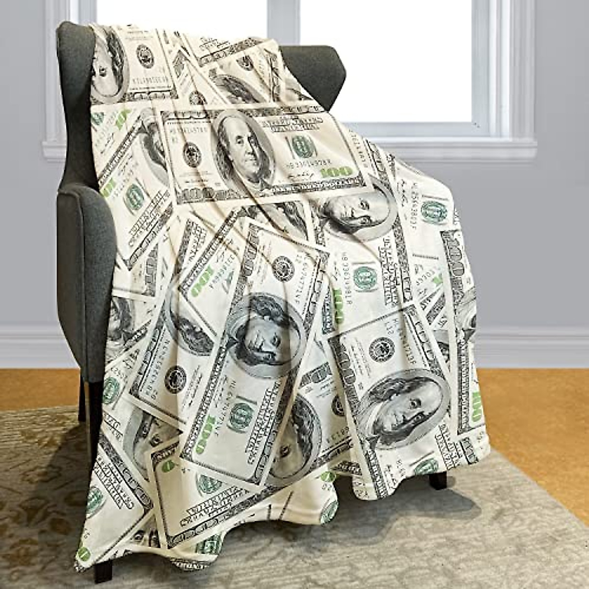 HommomH Fleece Blanket 60" x 80" Beige Funny 100 Dollar Bill Cash Us Cute Things Money Lightweight Fuzzy Cozy Soft Warm Throw for Men Women, Air Conditioning