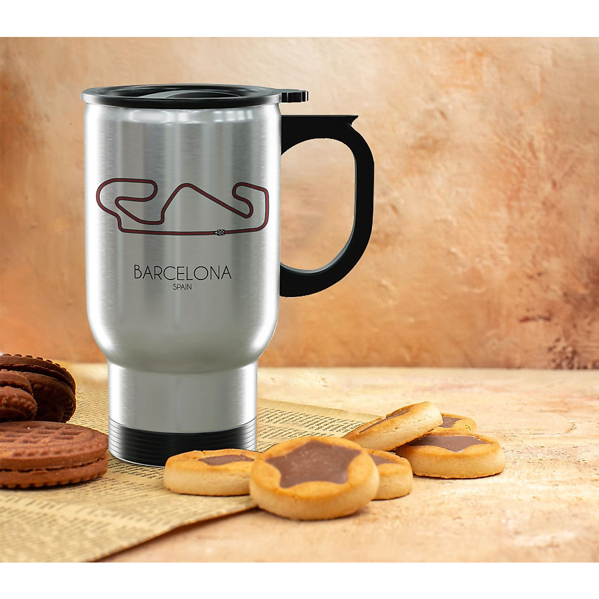 Barcelona Trail Coffee Mug , Barcelona Spain F1 Coffee Mugs , Spain F1 Course Map , Best F1 Course Map Sporting , 14oz Travel Steel Mug F1 Map , F1 Gifts for Him & Her , Barcelona Mugs Souvenirs
