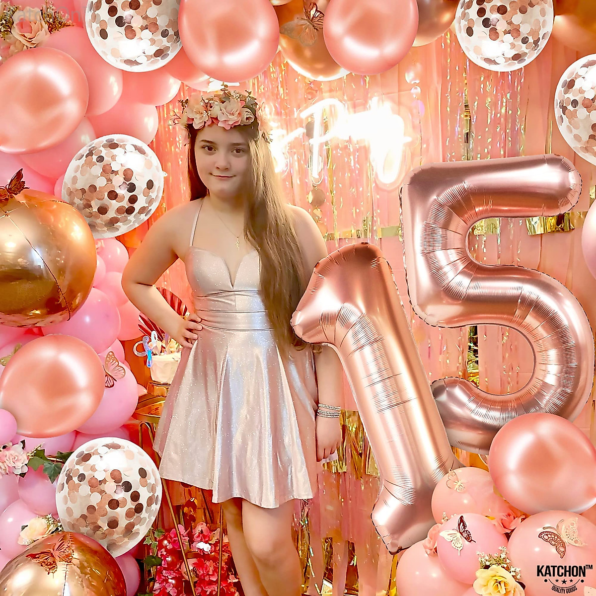 KatchOn, Rose Gold 15 Balloons Number - Giant, 40 Inch | 15 Birthday Balloons with Confetti for Happy 15th Birthday Decorations for Girls | Quinceanera Decorations | 15 Birthday Decorations for Girls