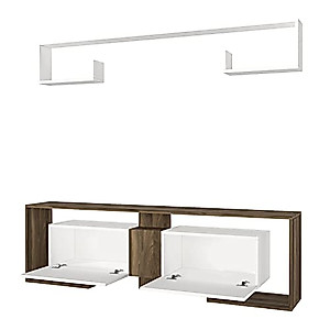 The Urban Port 71-Inch Wooden TV Console Entertainment Media Center, 2-Piece Set, Wall Mounted Floating Shelf, White and Brown