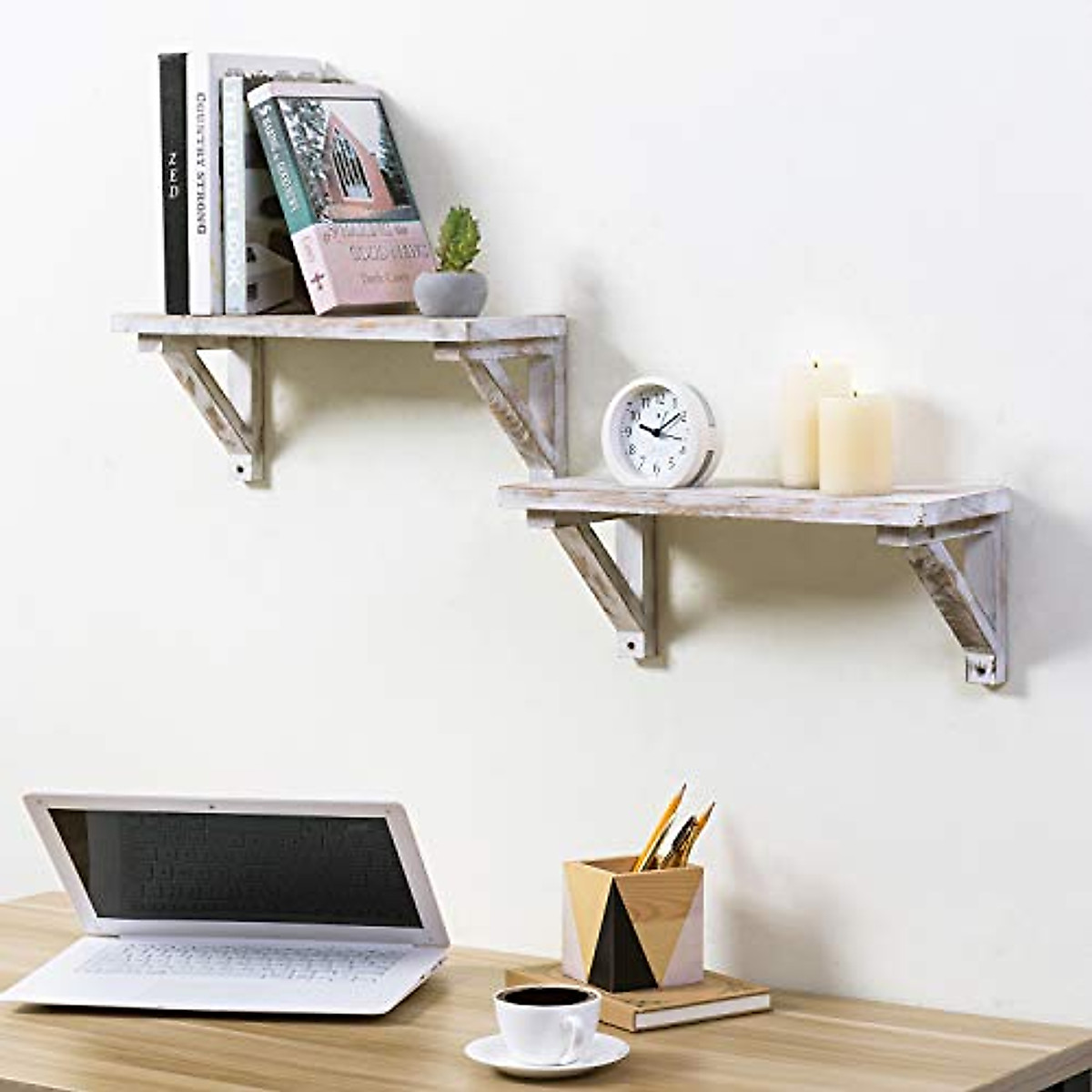 MyGift Wall Mounted Floating Shelves - 16.5 Inch Whitewashed Wood Decorative Shelf with Wooden Brackets, Set of 2