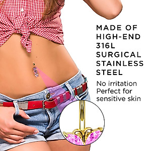 Pierce2GO 3 Butterflies Dangle Belly Button Ring - 14G Anodized Gold Surgical Steel Butterfly Belly Button Ring with Cubic Zirconia Stones - Belly Button Rings Piercing for Women – 7/16” (Gold, Pink)