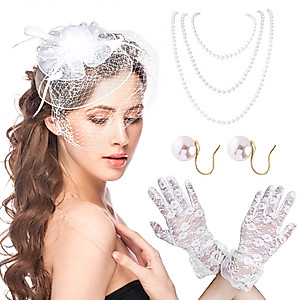 Yewong Fascinators Hat for Women Tea Party Headband Pillbox Kentucky Derby Hat Flower Cocktail Mesh Feathers Hair Clip Lace Gloves Pearl Necklace (White-1)
