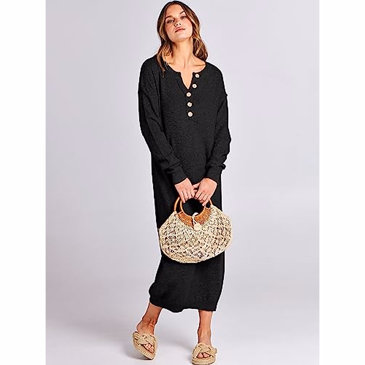 ANRABESS Women Sweater Maxi Dress Long Sleeve Button V Neck Oversized Casual Loose Waffle Knit Fall Long Midi Sweater Dress 2023 Trendy Outfits 1130heise-L Black