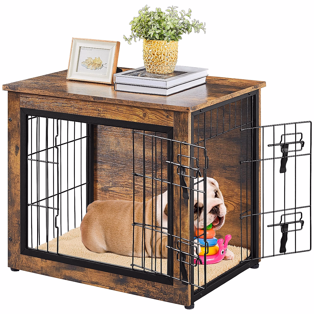 Yaheetech 27.5'' Dog Crate Furniture with Cushion Wooden Dog Crate with Double Doors/Adjustable Feet Side End Table for Small/Medium Dogs, 27.5" L x 20" W x 24" H